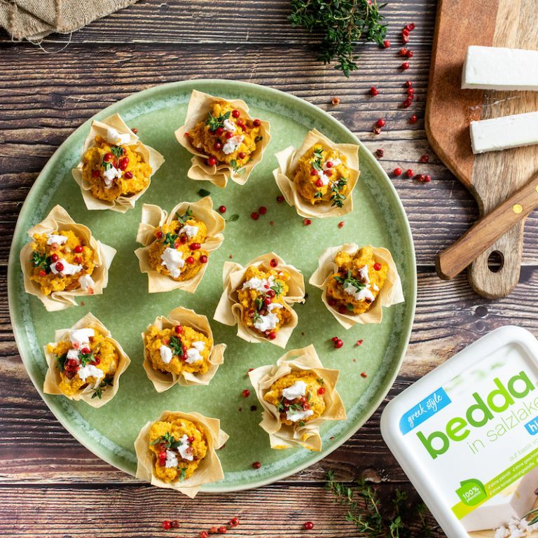 Filo cups with vegan pumpkin greek style cheese filling - bedda world